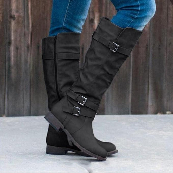 Women's flat knee high boots | Western motorcycle boots with buckles ...
